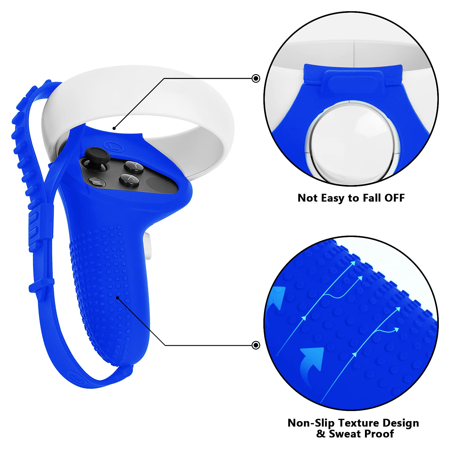 TOMSIN Touch Controller Grip Cover with Silicone Face Cover, Protective Lens Cover, Silicone Handle Strap for Oculus Quest 2, Sweatproof Lightproof Anti-Throw Accessories Set (Blue)