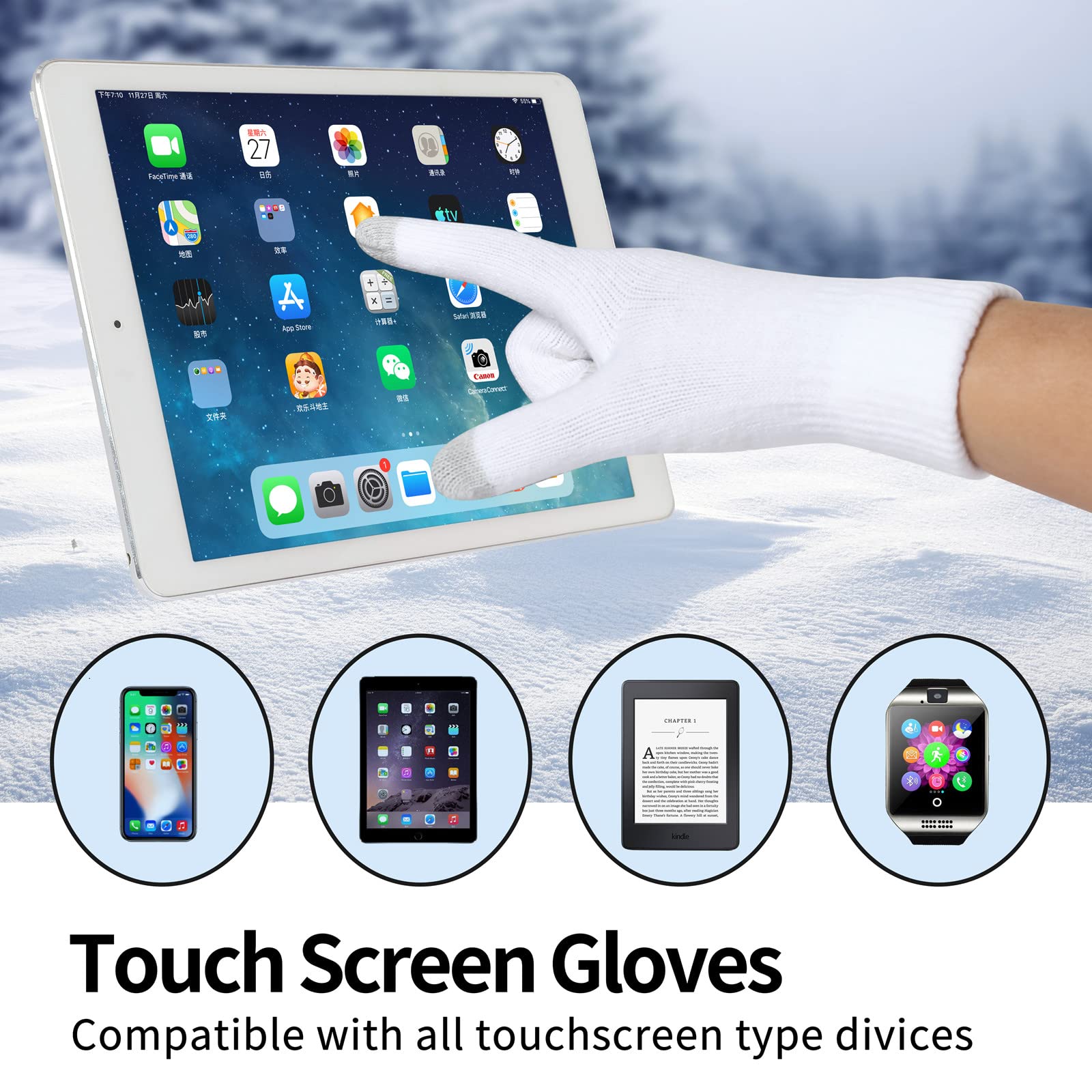 Pom Beanie Hat Scarf Gloves Set 3 in 1 Warm Thick Lining Slouchy Beanie Hats Scarf Touch Screen Gloves for Womens Girls (White)