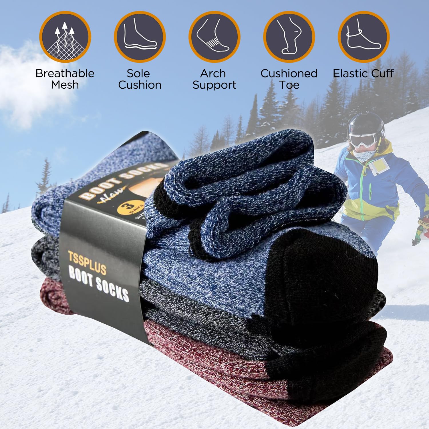 TSSPLUS Mens Winter Thermal Warm Heavy Duty Cotton Crew Work Boots Socks 9-13 (6-PAIRS)