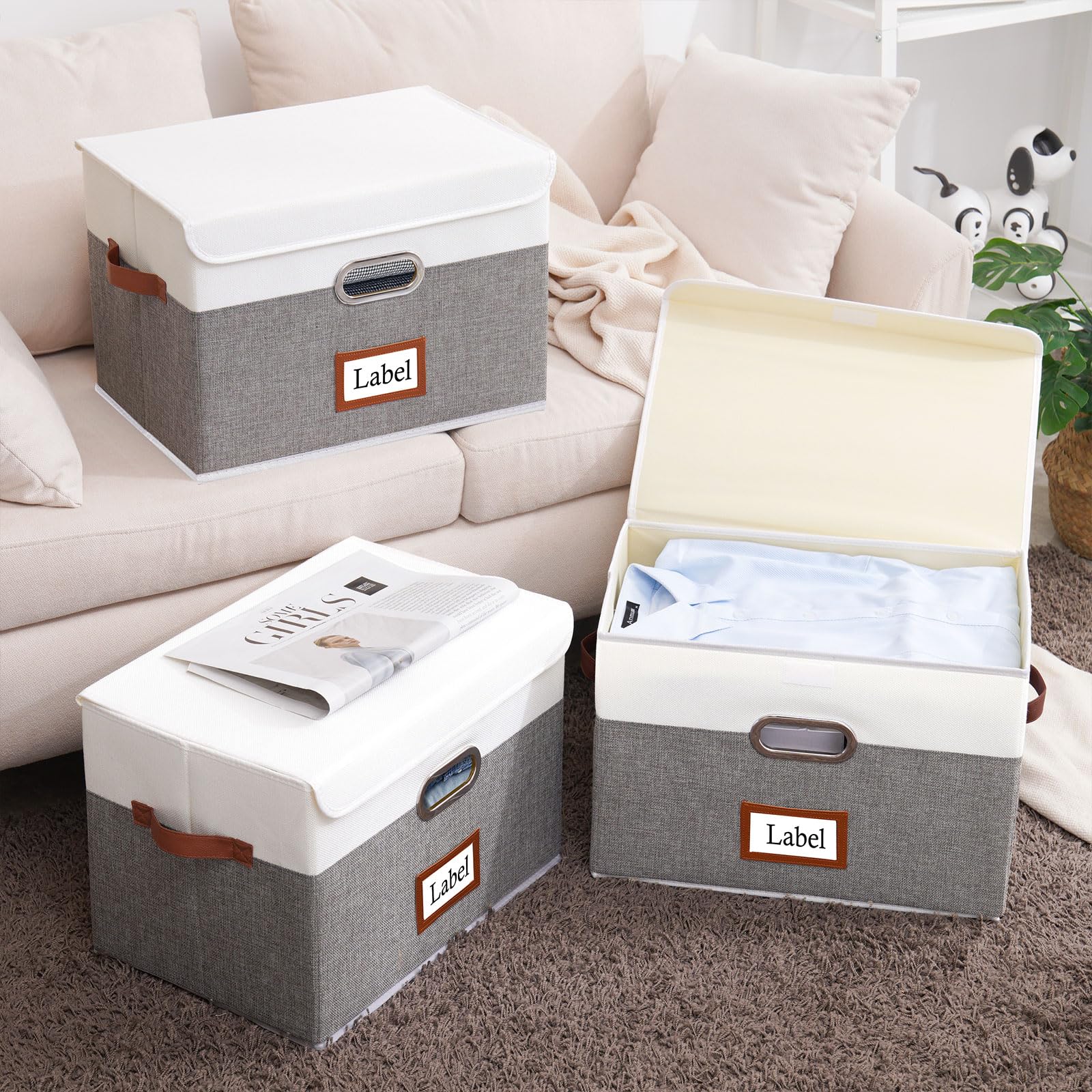 Yawinhe 1-Pack Storage Boxes with Lids, Storage Baskets Cubes, 13x9x7.9Inch, Fabric Storage Bins Organizer Containers with Dual Leather Handles for Home Bedroom Closet Office White/Grey
