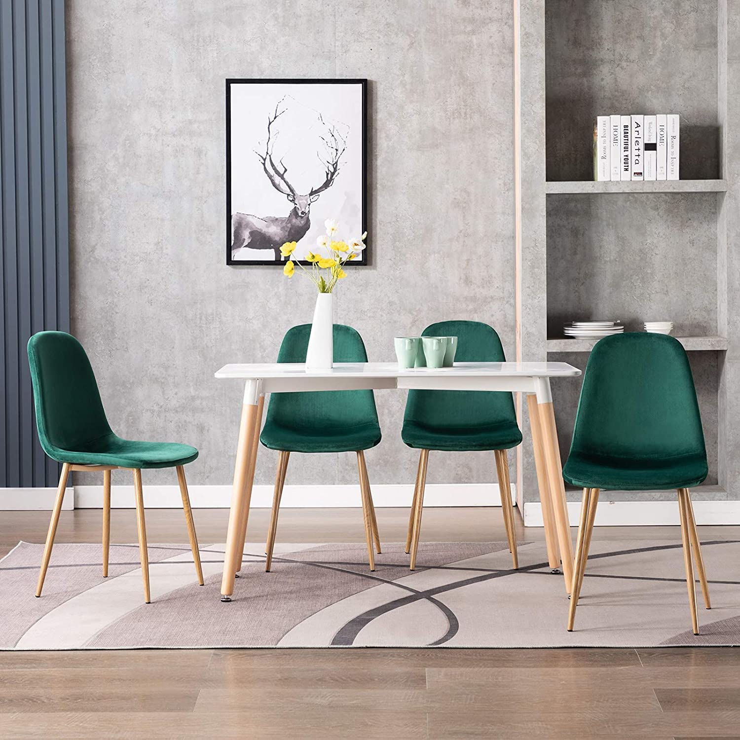 Set of 4 Mid Century Modern Side Dining Chairs for Kitchen Velvet Upholstered Dining Chair with Metal Legs (Dark Green)