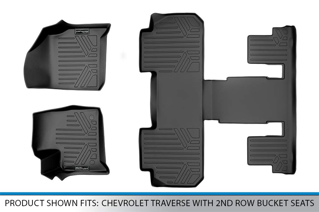 SMARTLINER Custom Fit Floor Mats 3 Row Liner Set Black Compatible with 2018-2023 Chevrolet Traverse with 2nd Row Bucket Seats