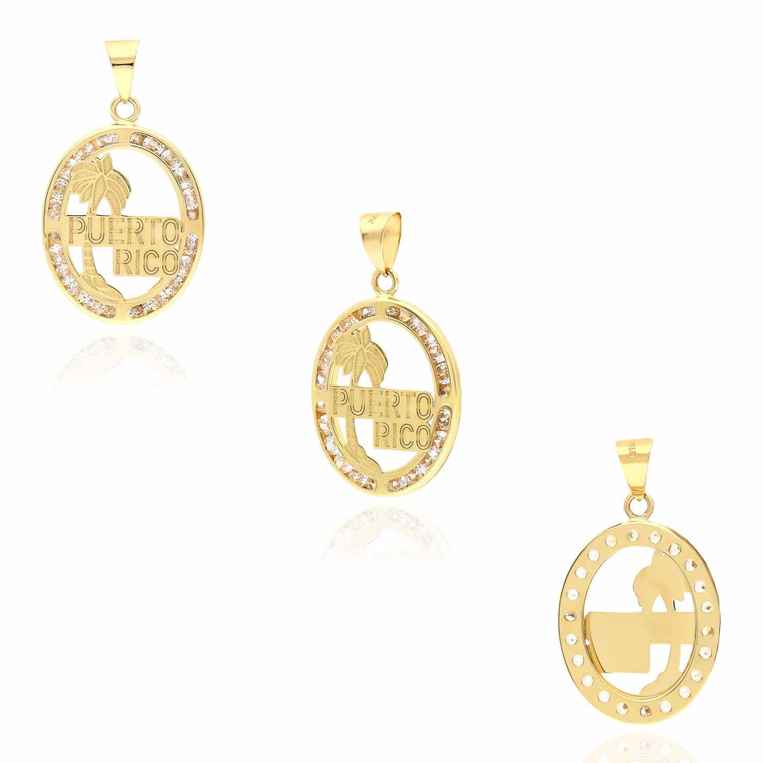 WJD Exclusives 10K Yellow Gold CZ Puerto Rico Palm Tree Oval Shape Disc Pendant, 30mm