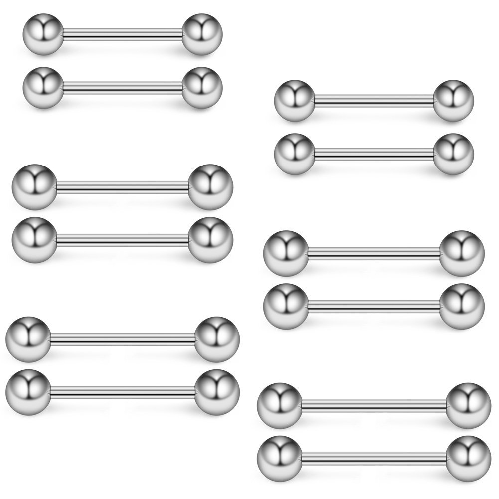 Ruifan 12PCS 14G Surgical Steel Shiny Ball Nipple Tongue Shield Ring Barbell Body Piercing Jewelry Retainer 12mm 14mm 16mm - Silver