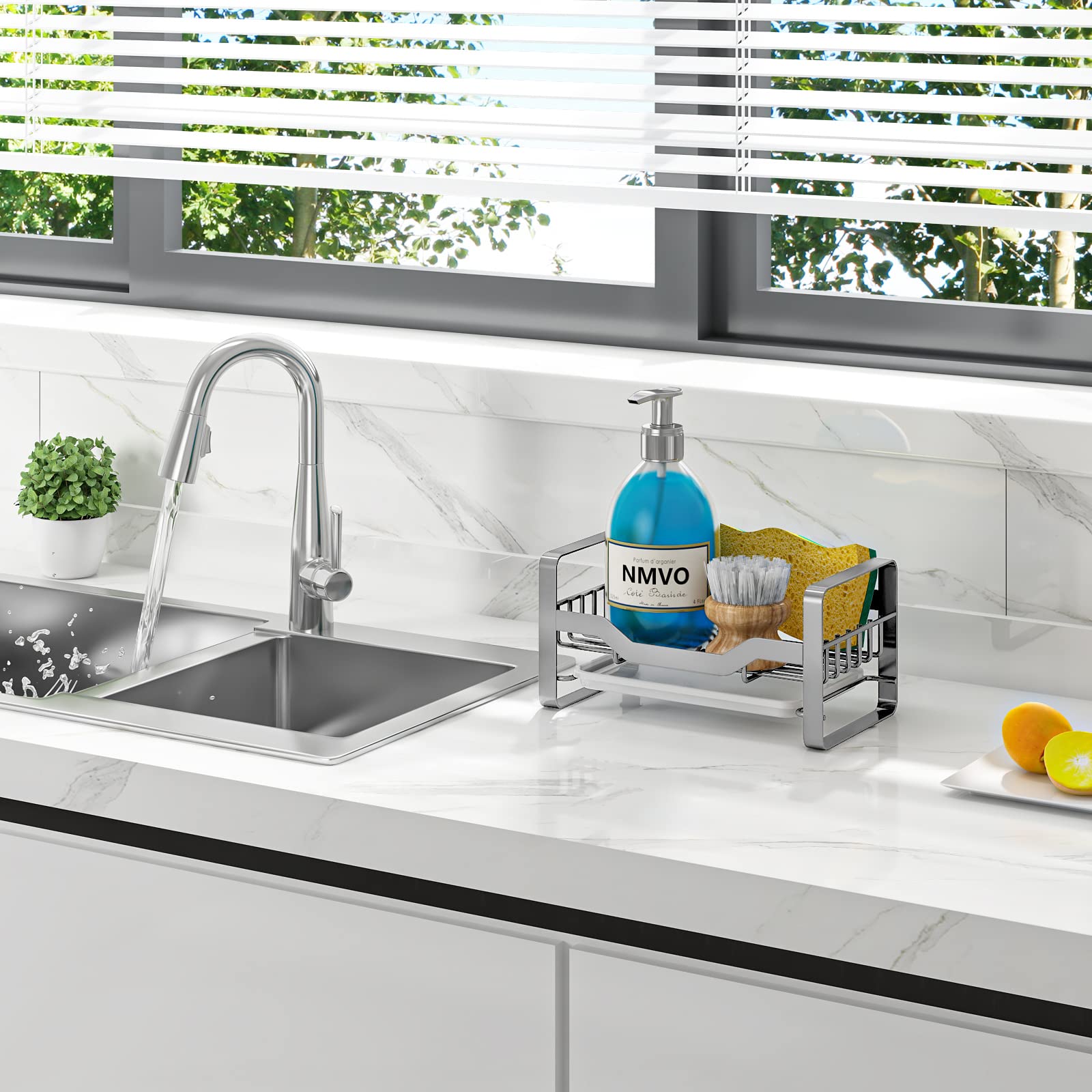 Utobao Kitchen Sink Caddy Sponge Holder, Kitchen Caddy 304 Stainless Steel Soap Holder for Kitchen Sink, Kitchen Sink Organizer Countertop with Removable Drain Tray-Silver