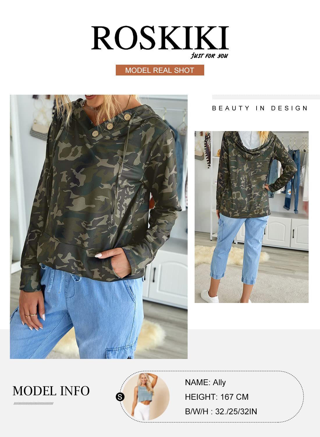 ROSKIKI Womens Hoodies Tops Casual Camo Print Long Sleeve Drawstring Button Sweatshirts Pullover Tops with Pockets Green Small