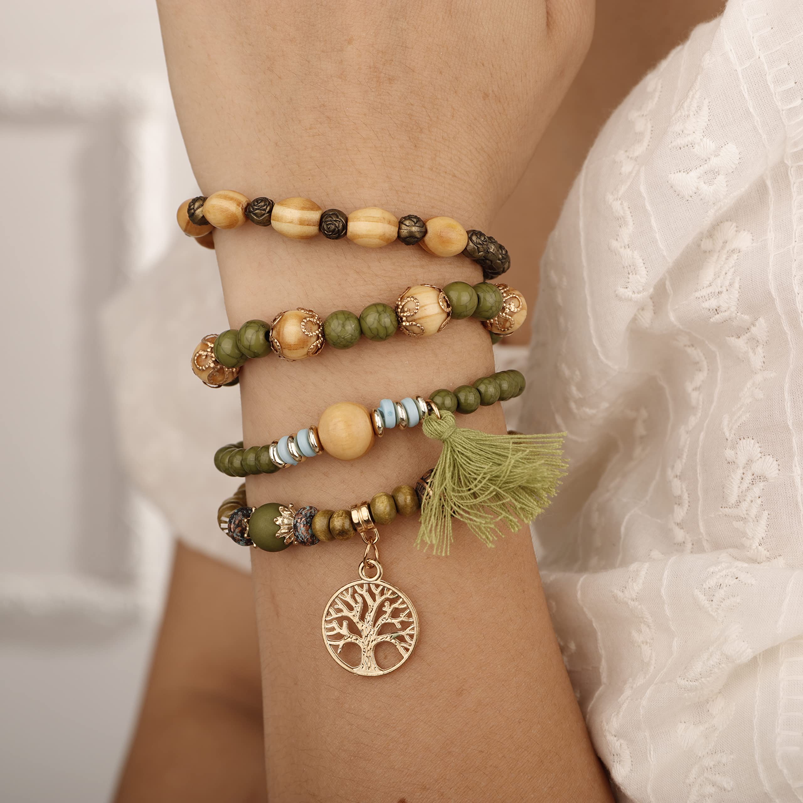 YERTTER 4pcs Bohemian Layered Beaded Tree of Life Pendant Tassel Stretch Stackable Strand Bracelet Beads bracelet Statement Gift for Women Girls(Dark Green)