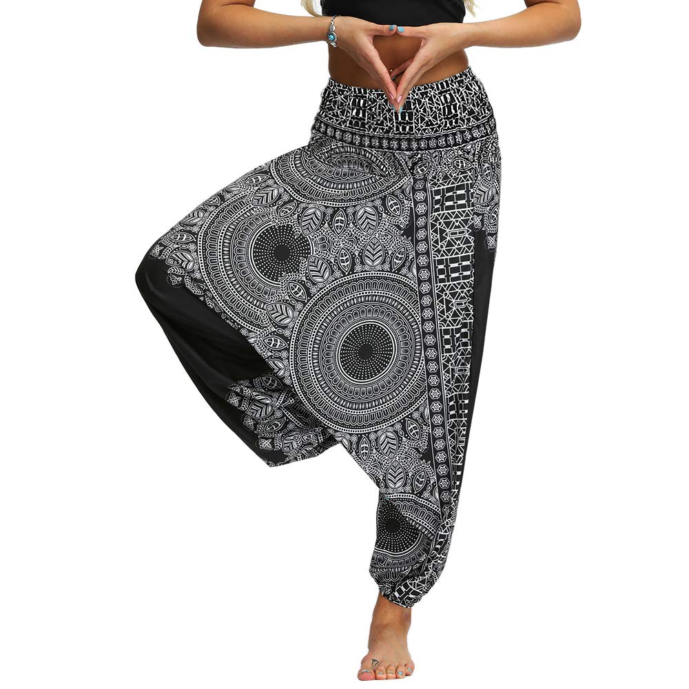 Xixiuly Women's Drop Crotch Hippie Harem Pants Boho Pattern High Waist Baggy Yoga Trousers Lounge Beach Brown ONE Size