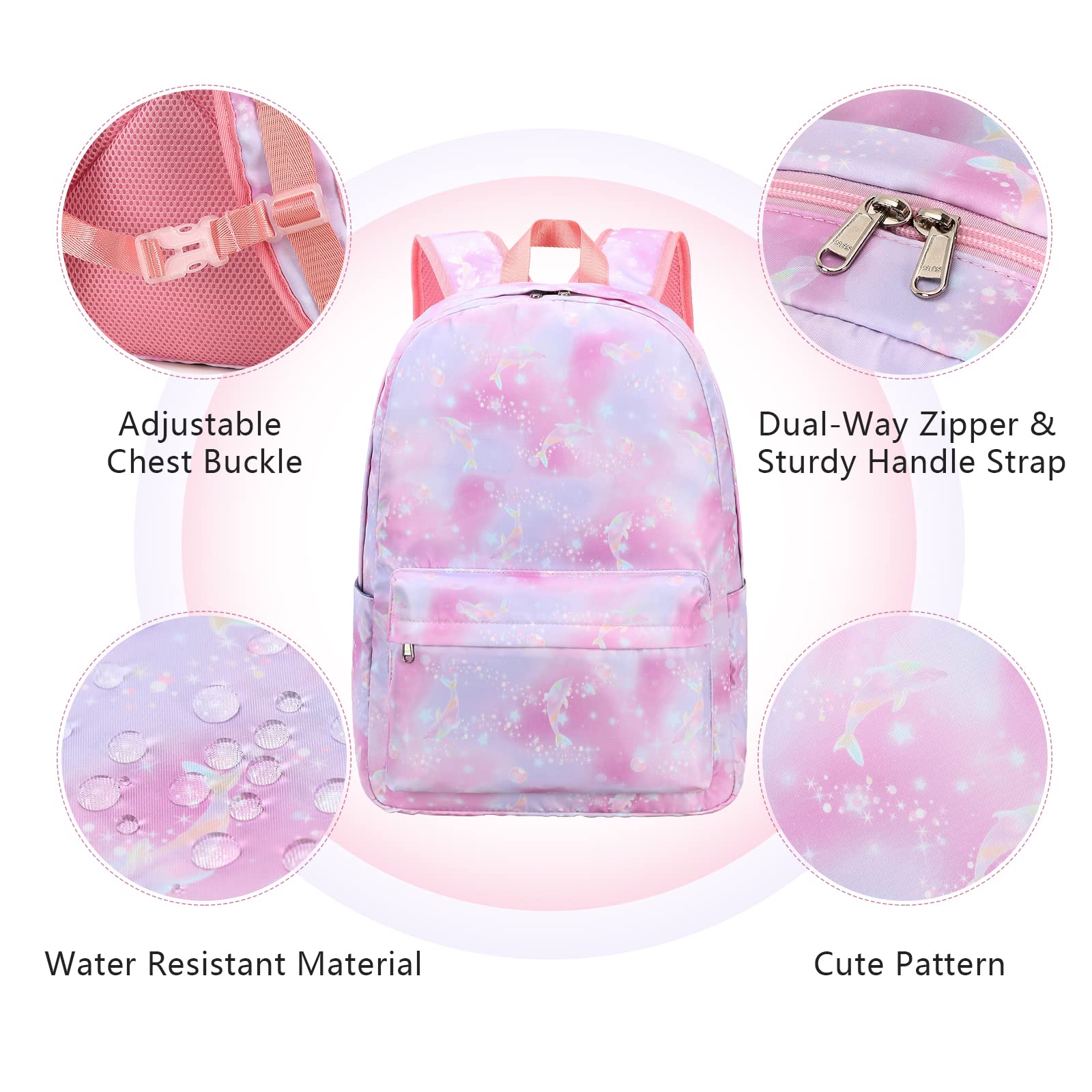 YCBB Kids Backpacks for Girls Dolphin School Bookbags Set with Lunch Tote Bag Lightweight Preschool Kindergarten Elementary School Backpacks