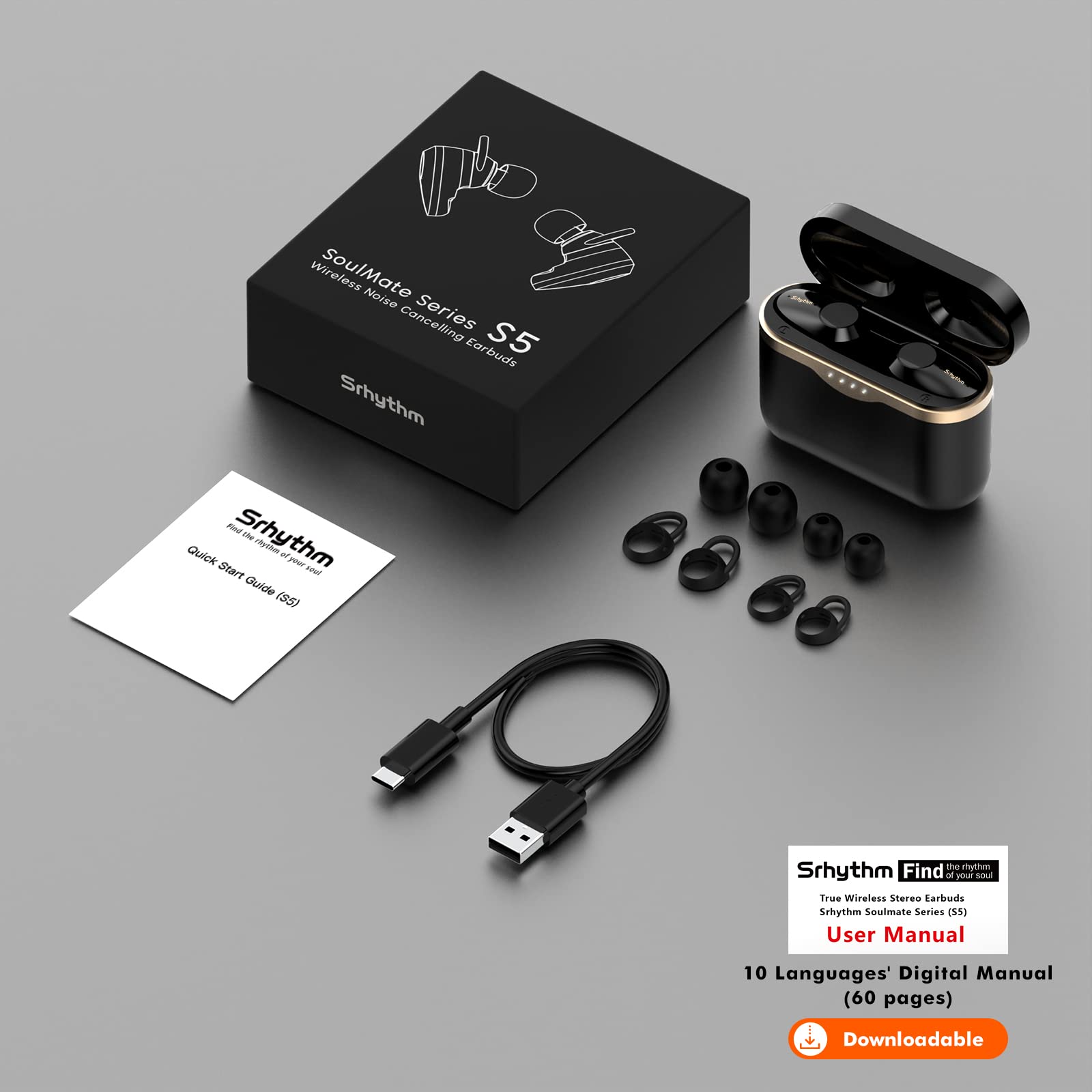 Srhythm Soulmate Series S5 Active Noise Cancelling Earbuds, Wireless ANC Bluetooth 5.1 Earphones with 50 Hours’ Playtime HiFi Stereo Deep Bass and Touch Control for Sports,Travel