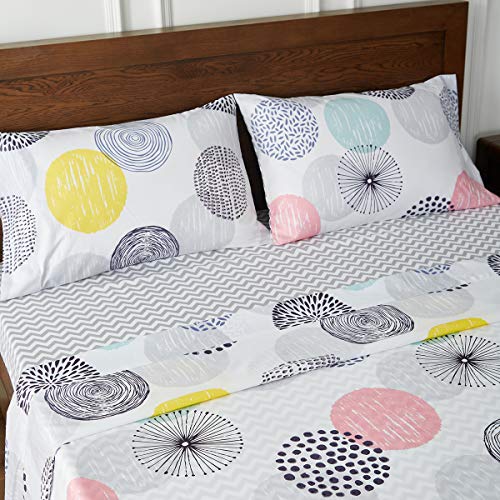 UOZZI BEDDING Printed 4 Pieces Girls Bed Sheets Set Queen Size 1500 Soft Brushed Microfiber Colorful Dots and Stripes Patterned Adult Bedding Set
