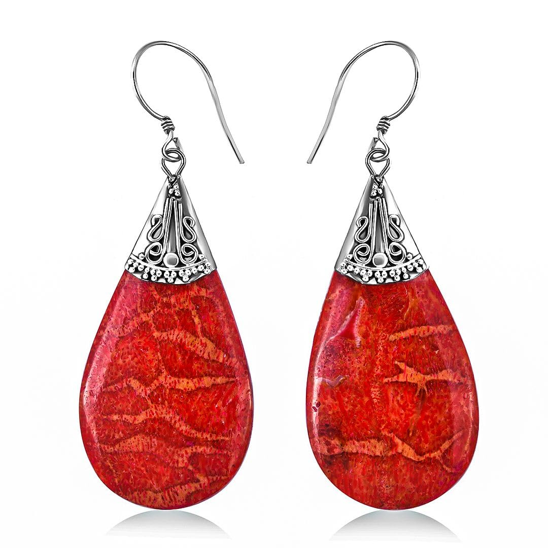 Shop LC Red Coral Dangle Boho Earrings in 925 Sterling Silver - Handmade Boho Jewelry Birthday Gifts for Women - Natural Coral Dangling Drop Statement Earrings