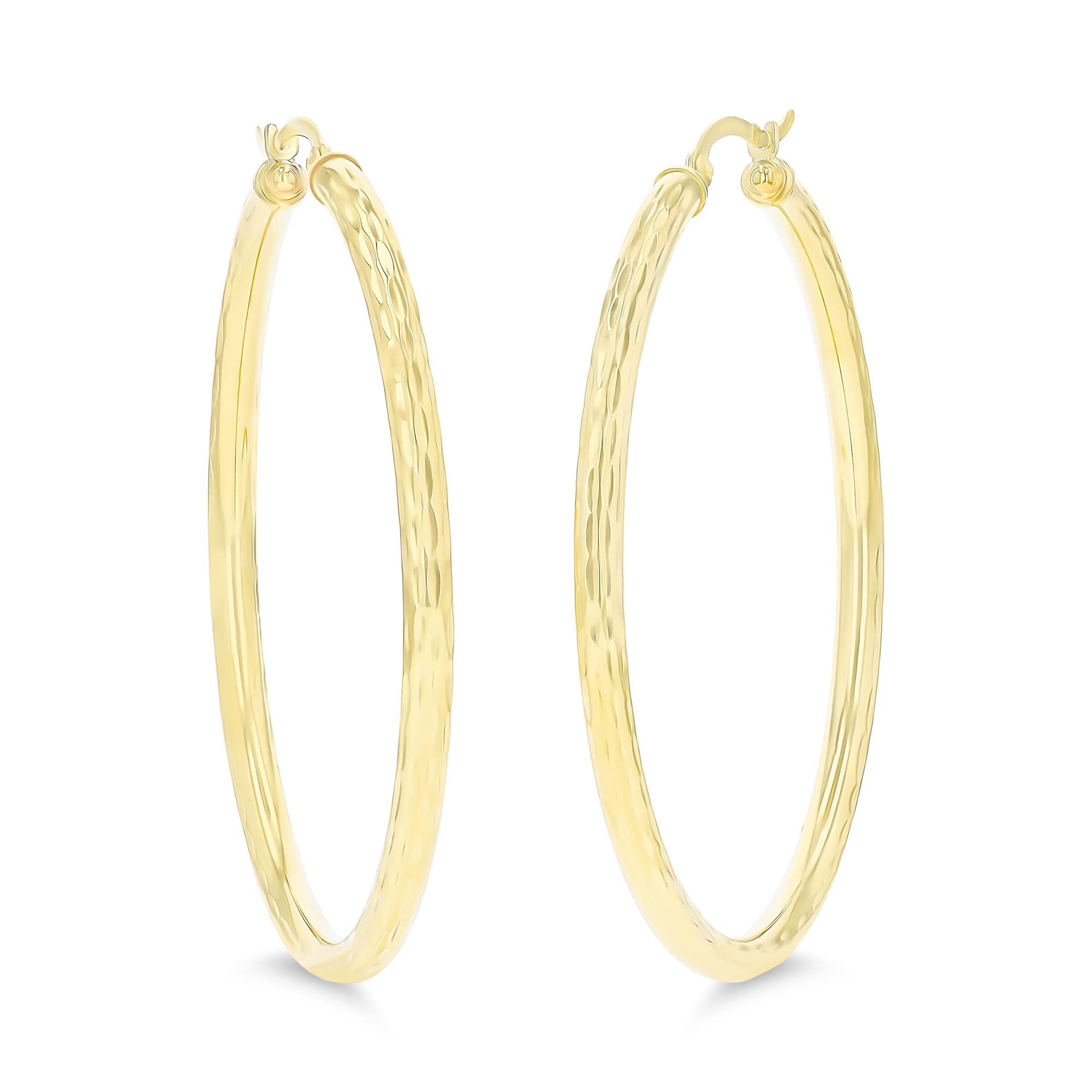Solid 14K Yellow Gold Polished Diamond Cut Hoop Earrings for Women | 3mm Thick Classic Diamond Cut Hoops Style, 3x50mm