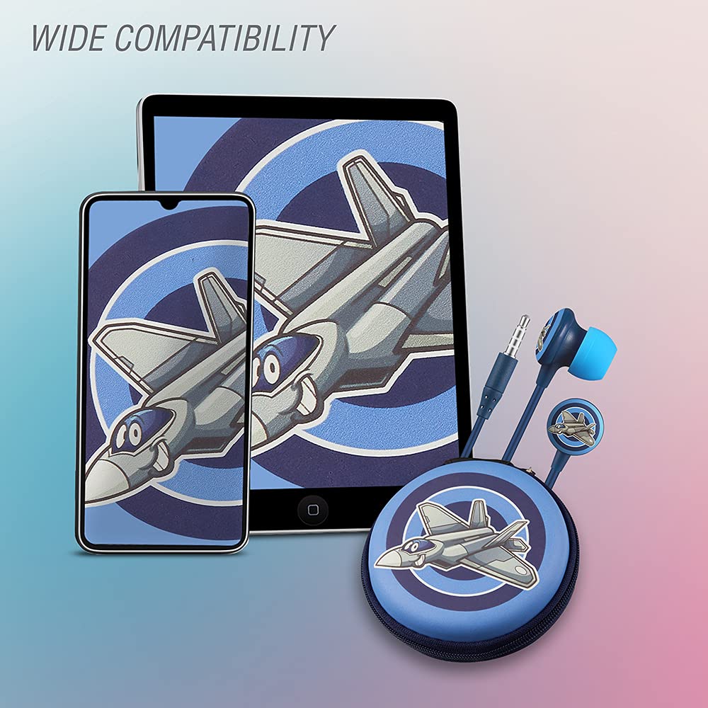 Volkano Cute Wired Earbuds for Kids - 3.5mm Output for Computer, Cell Phones, & More - in Ear Silicone Noise Isolating Child Sized Earbuds with Storage Case - (Blue) Jet Series