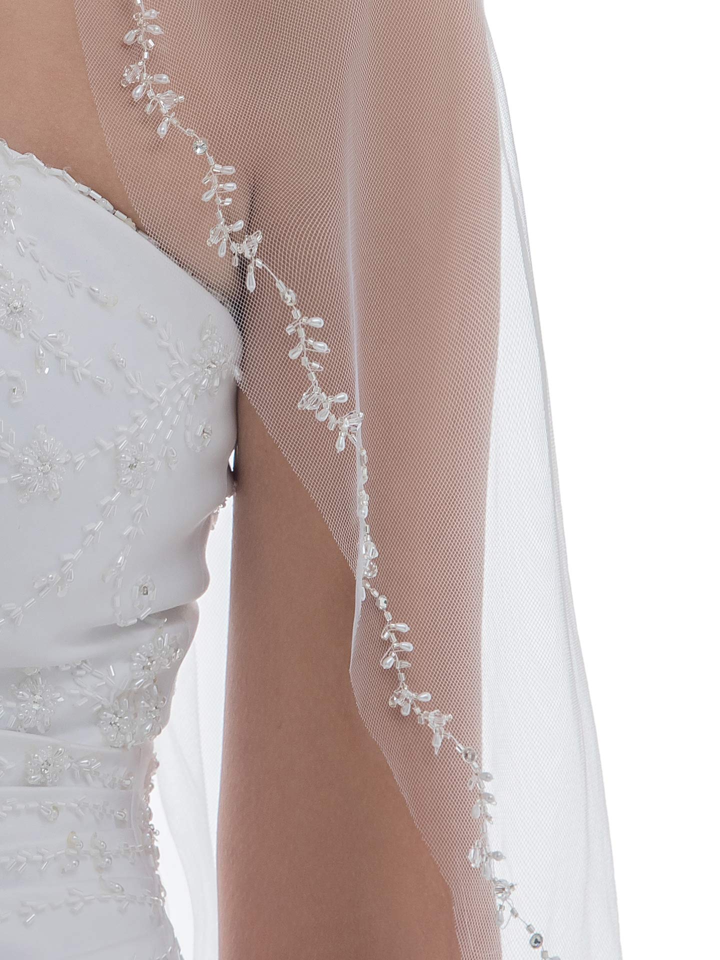 SAMKY 1T 1 Tier Offset Floral Vine Edge Crystal Pearl Veil - Light Ivory Fingertip Length 36" V580