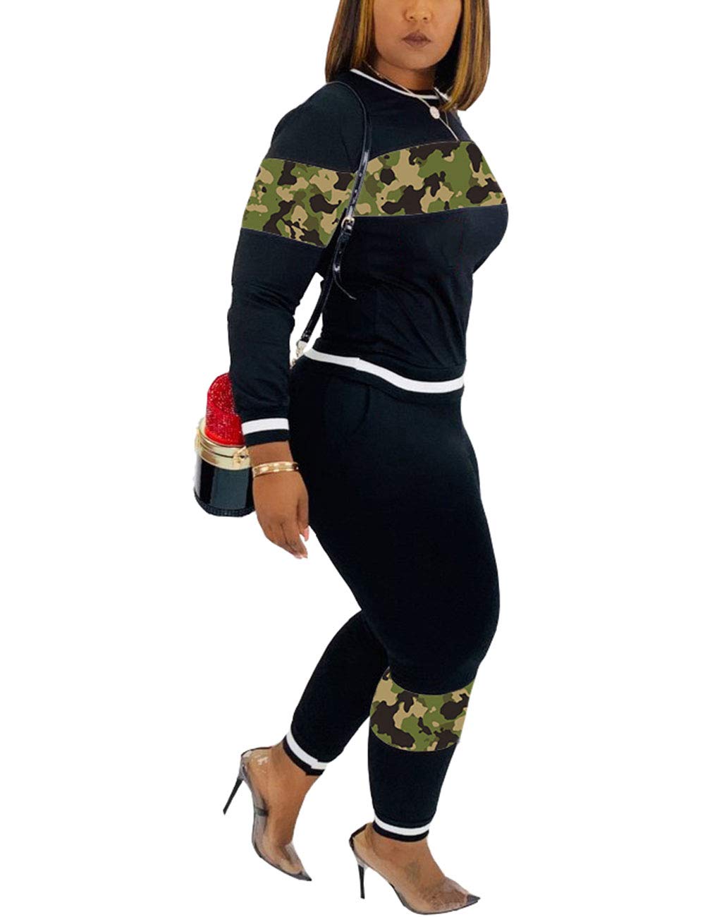 Women Pants 2 Piece Outfits Camouflage Long Sleeve Sweatshirt Top + Bodycon Pant Set Camo-green S