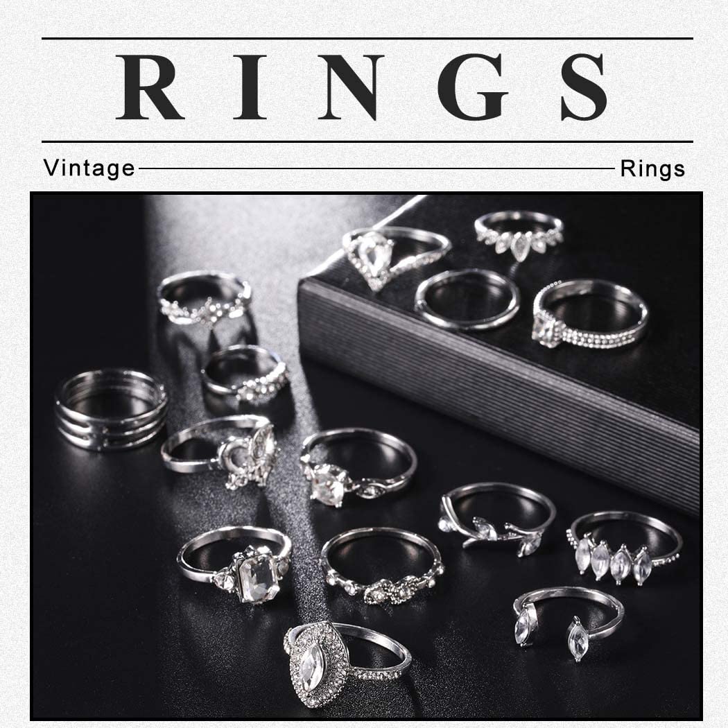 Simsly Vintage Knuckle Ring Stackable Silver Joint Nail Ring Crystal Knuckle Rings Set for Women and Girls(15PCS (Boho) (Set-1)