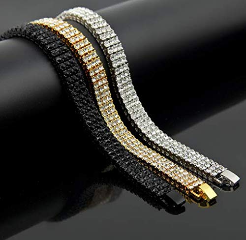 Starryinter 3 Rows 8-Inch Iced Out Rhinestone Tennis Chain Men's Women's Bling Hip Hop Bracelet Colors Selectable-BR475 (Black)