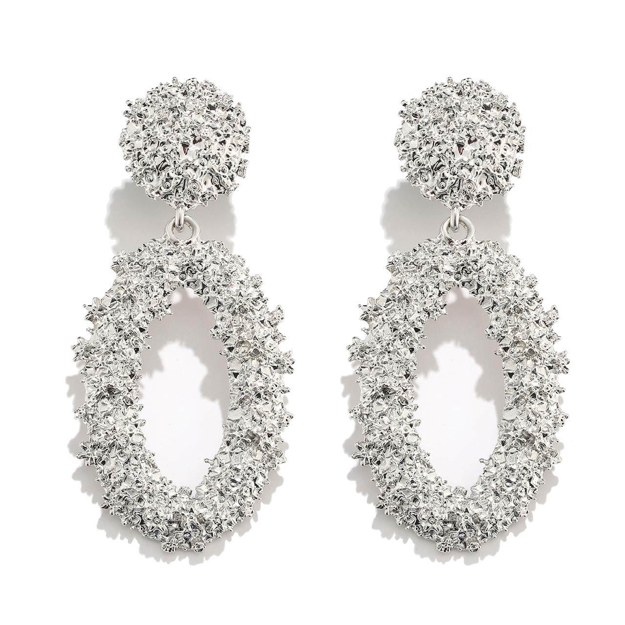 Statement Drop Earrings For Women Boho Textured Dangle Earrings Gorgeous Geometric Oval Raised Earrings (silver)