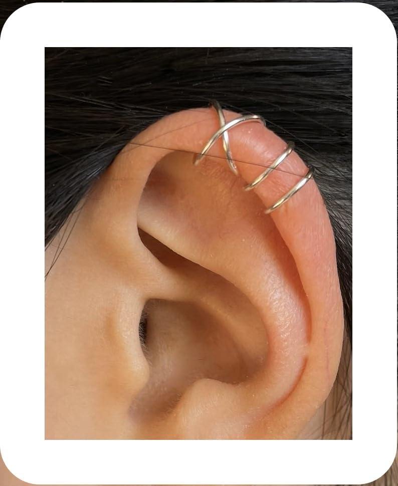 Sterling 925 Silver 4pcs No Piercing Earcuff (2 pcs Double line ,2 pcs Criss Cross ) Simple Gold Plated Fake Helix Ear Cuff Cartilage Earring Color Siver