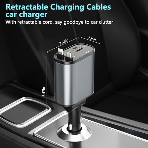Retractable Car Charger, 4 in1 Fast Car Phone Charger 120W, 2.7Ft Retractable Cables and 4 Electronic Ports, Car Charger Compatible for iOS & Android Cell Phones All Device Charging