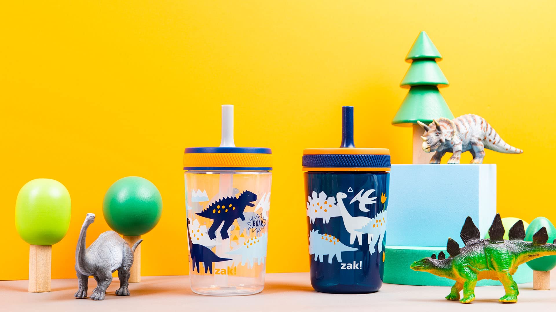 Zak Designs Kelso Toddler Cups For Travel or At Home, 15oz 2-Pack Durable Plastic Sippy Cups With Leak-Proof Design is Perfect For Kids (DinoRoar, Zaksaurus)