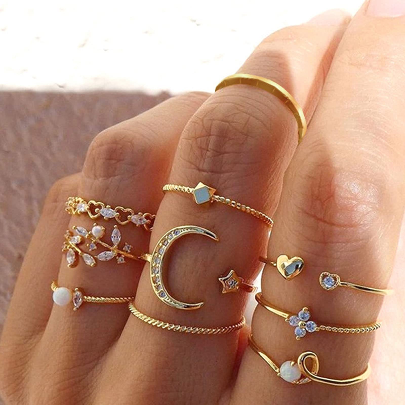 YRlilicc 10Pcs Bohemian Knuckle Stacking Rings for Women Multiple Stackable Rhinestone Pearl Flowers Joint Finger Rings Dainty Stack Gold Midi Rings Set