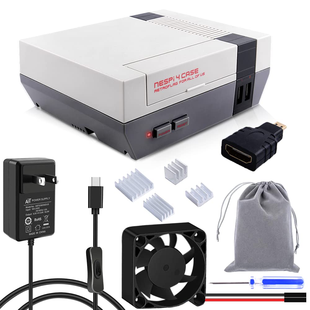 RETROFLAG NESPi 4 Case, Pi 4 Case with SSD CASE,USB-C Power Supply,HDMI Splitter Switch & Cooling Fan & Heatsinks for Raspberry Pi 4 Model B