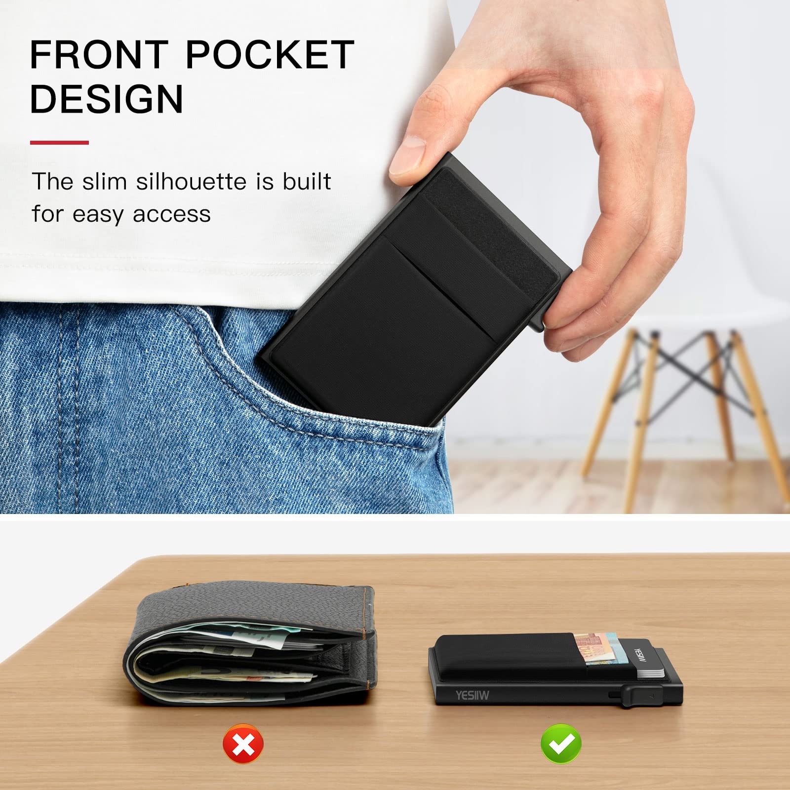 YESIIW Pop Up Wallet For Men - Slim Card Holder Wallet With Elastic Pocket - RFID Blocking Minimalist Slim Size - Bank Card Case Holds 5 Cards And Notes(Black)