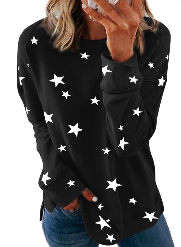 SHEWIN Womens Casual Fashion Crewneck Sweatshirt Loose Star Printed Long Sleeve Tee Shirts Lightweight Soft Oversized Sweatshirts Pullover Tops Shirt,US 12-14(L),Black