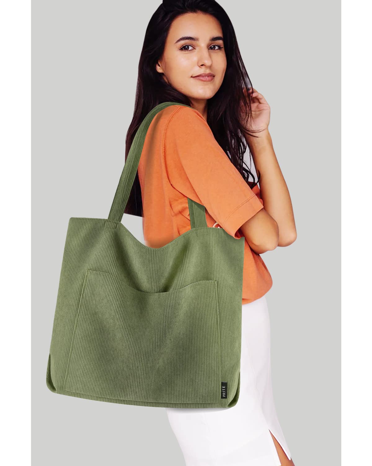 Prite Corduroy Tote Bag for Women Large Shoulder Bag with Zipper and Pockets for College Work Travel Shopping(Green)