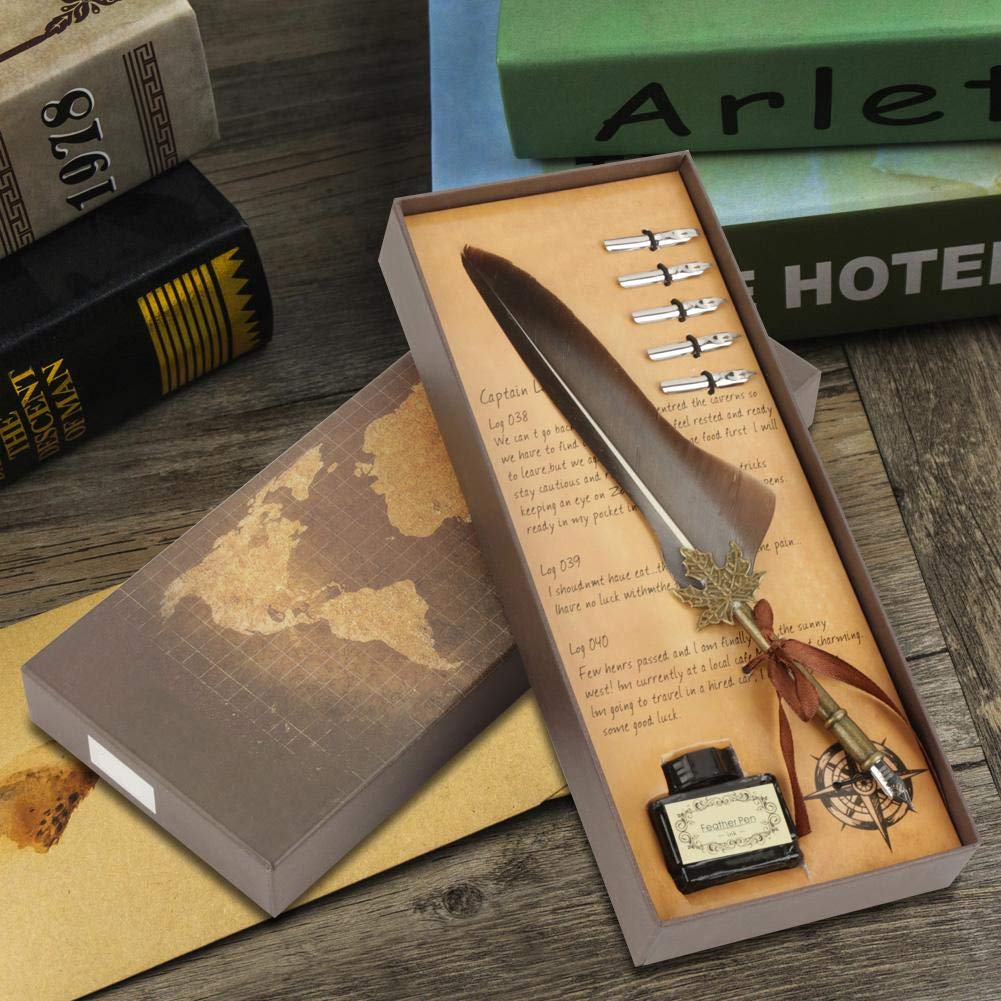 Quill Feather Pen with 5 Steel Replacement Nibs and Dip Ink Bottle in Vintage Gift Box for Antique Calligraphy (Gray)