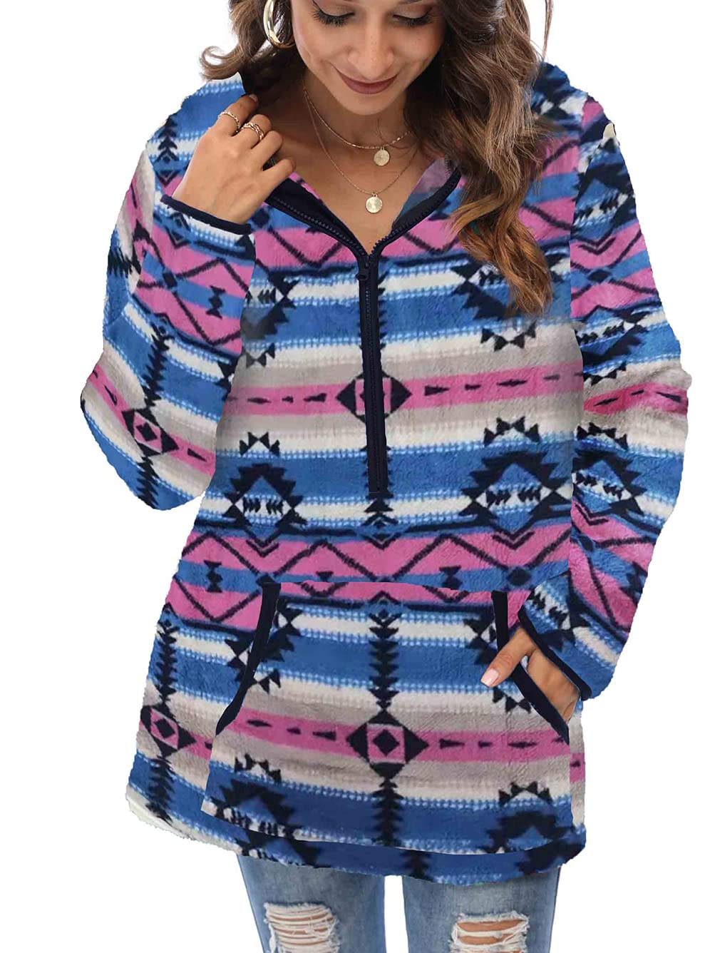 Voopptaw Aztec Sweaters for Women Casual Fuzzy Pullover Long Sleeves Zipper Sweatshirt Winter Loose Fit Coat with Pockets Pink S