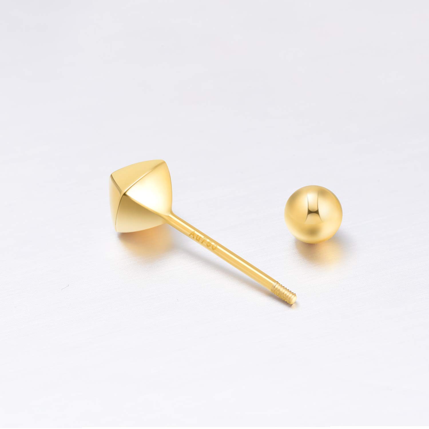 Solid 18k Gold Square Earrings for Women with Ball Screw Back, Real Yellow Gold Double Sided Stud Earrings Jewelry Gift for Her