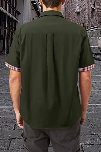TUREFACE Casual Plaid Shirts for Men Plus Size Dress Shirt Short Sleeve Button Down Regular Fit Spread Collar Cotton Shirts(Olive Green,3XL)