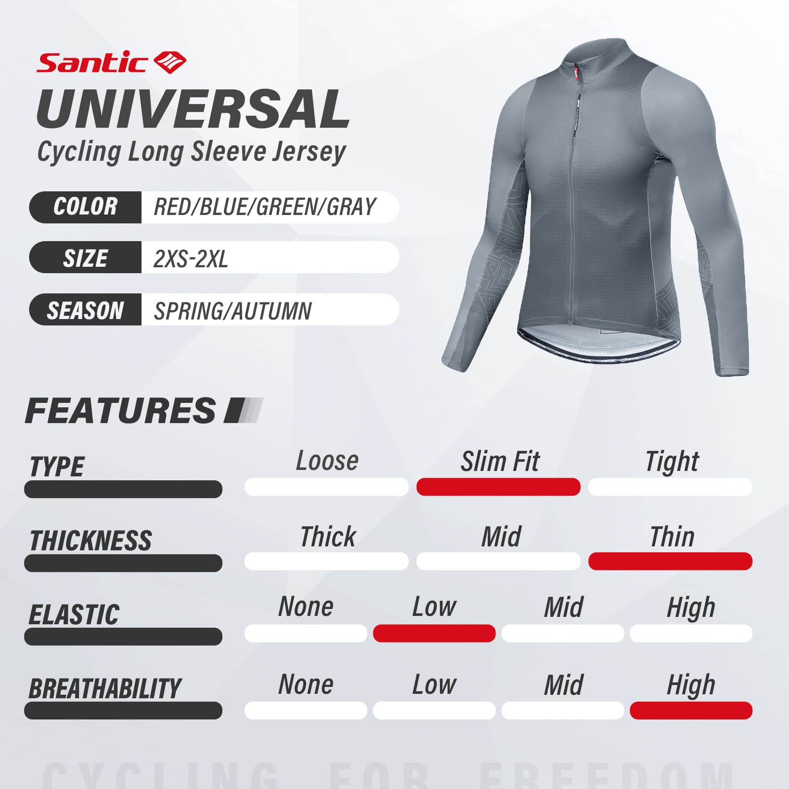 Santic Cycling Jersey Men's Long Sleeve Tops Mountain Bike Shirts Bicycle Jacket with Pockets Grey XL