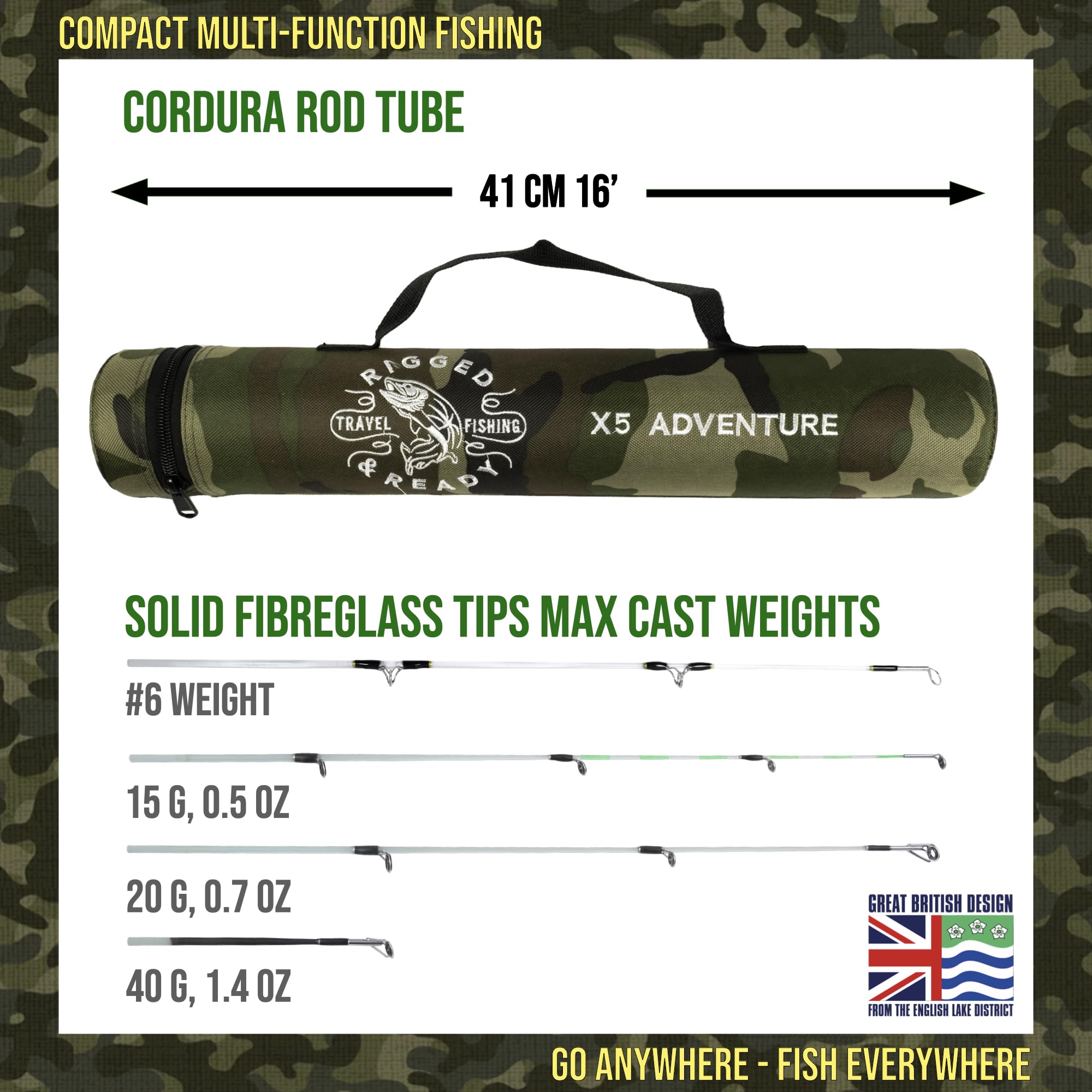 Rigged and Ready X5 Travel Fishing Rod. Super Compact, Carry Size 40cm (15.8β), Multi-Functional Travel Rod + 4 Tips + case. 1 Rod with 5 Fishing Options. 2.22m (7β 3β) + 1.9m (6'3") Lengths.