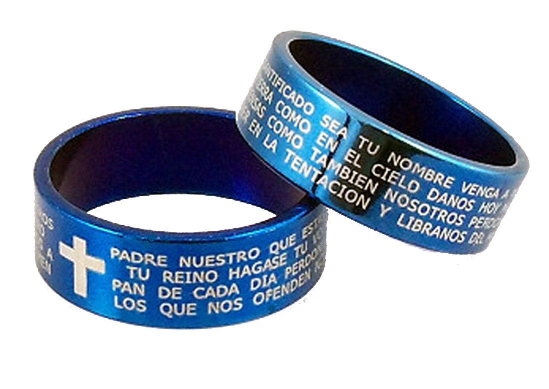 Religious Rings S22 Blue Spanish Our Father Lord's Prayer Padre Nuestro Stainless Steel Ring Jesus Christ (12)