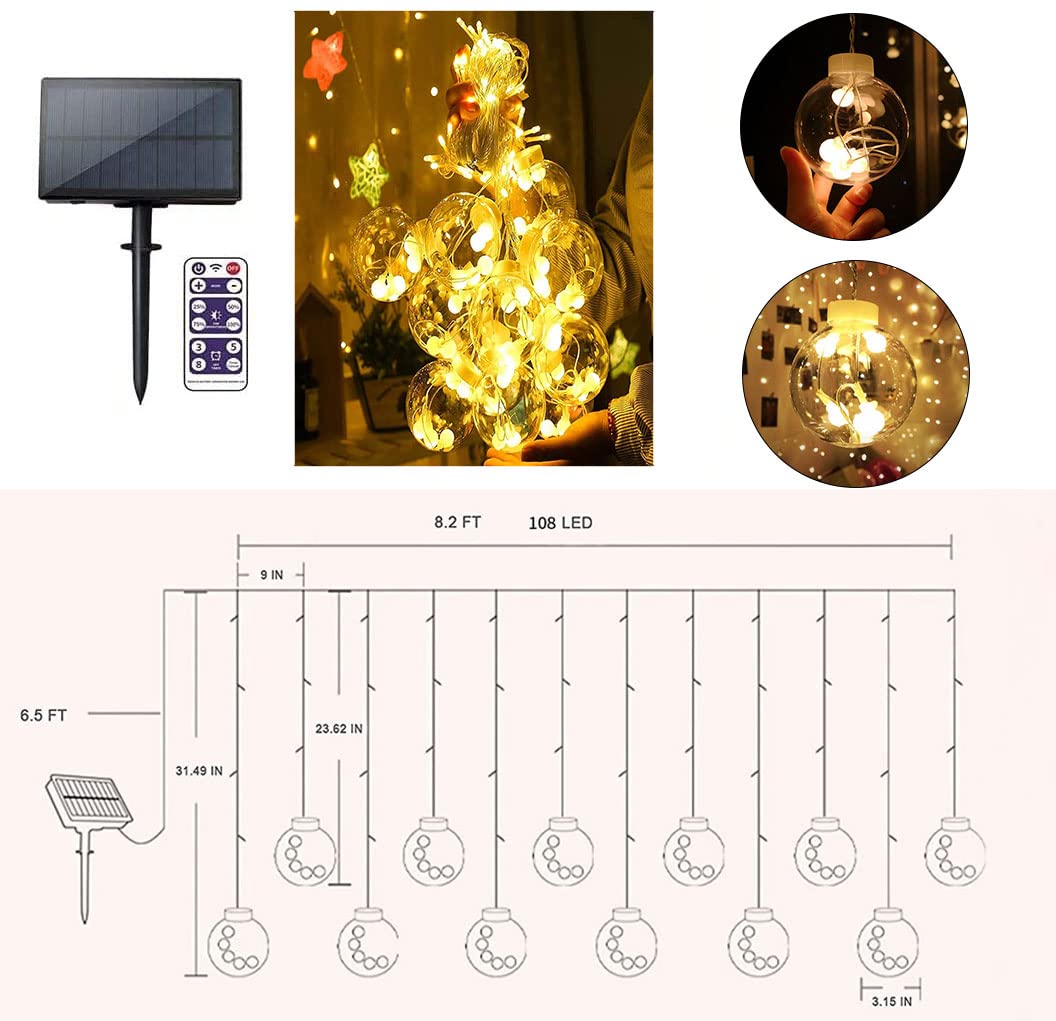 Solar Outdoor String Lights Gazebo Hanging Curtain Lights with Remote 108 Led Twinkle Lights Balls Lights Christmas Decorative Waterproof