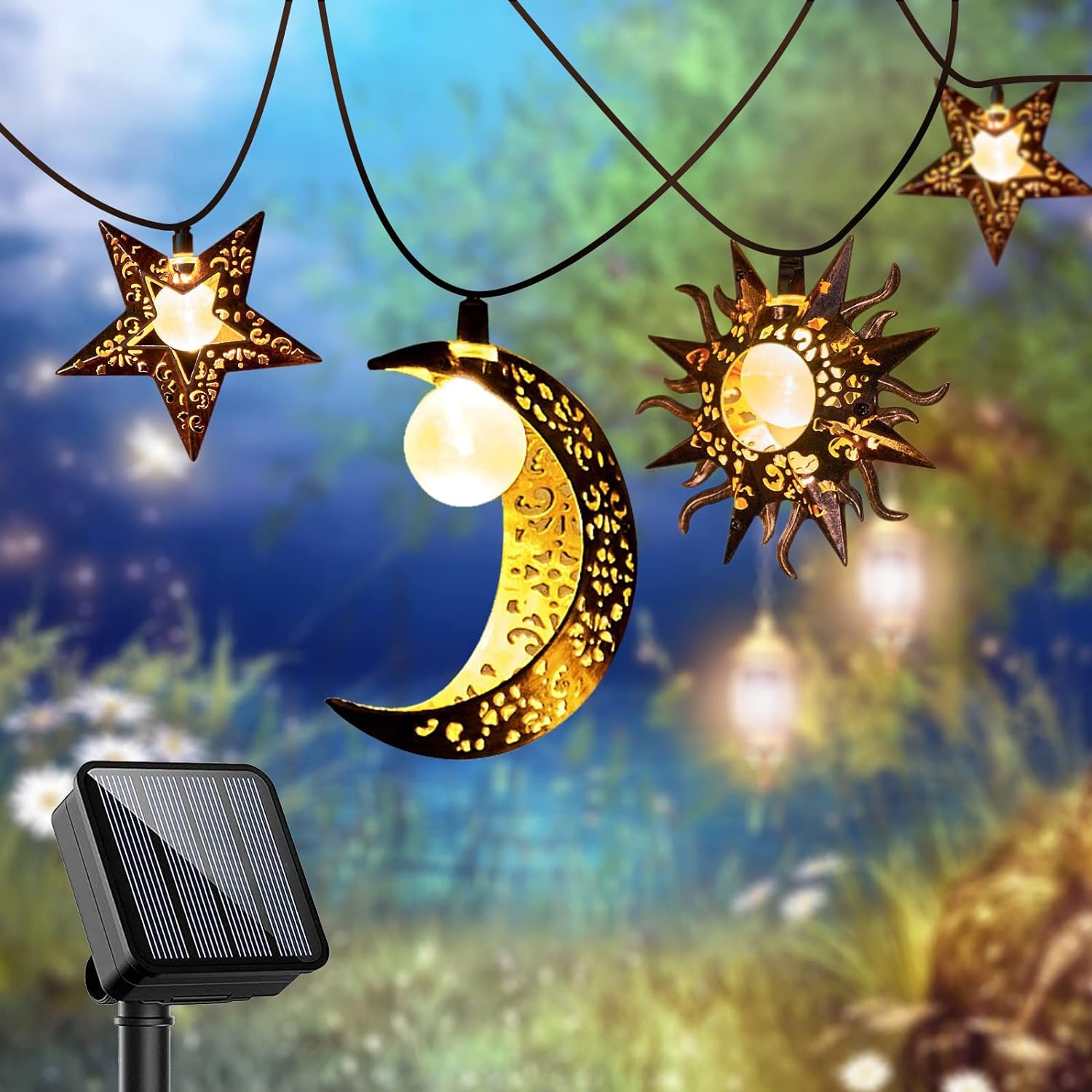 Solar String Lights Outdoor Star Moon Sun 13Ft 153In Led Solar Powered Fairy Decorative Lights for Garden Patio Yard Wedding Party (Warm White) (Moon String Lights)