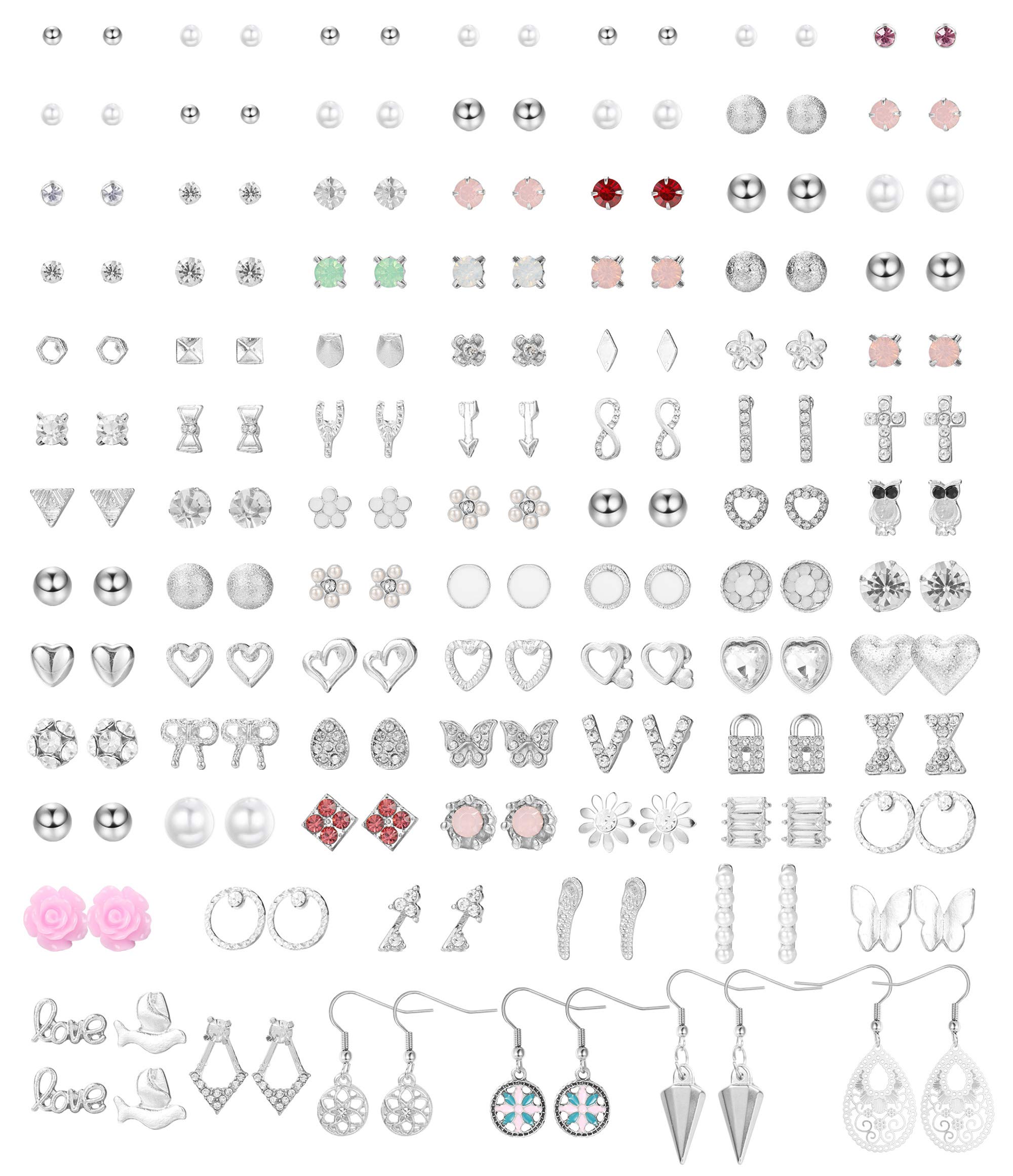 Thunaraz 90Pairs Assorted Multiple Small Stud Earrings Sets for Women Multipack Simple Cute Bar Star Moon Triangle Geometric Arrow Flower Bow CZ Ball Faux Pearl Earrings Set