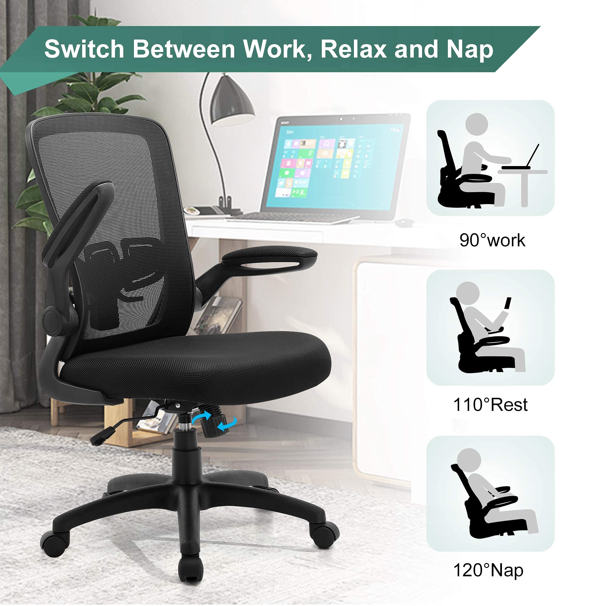 Upgraded Ergonomic Office Chair, Home Office Chair with Adjustable Lumbar Support, Ergonomic Desk Chair with Flip-up Armrests, Mesh Computer Chair with High Resilience Thickened Cushion, Black