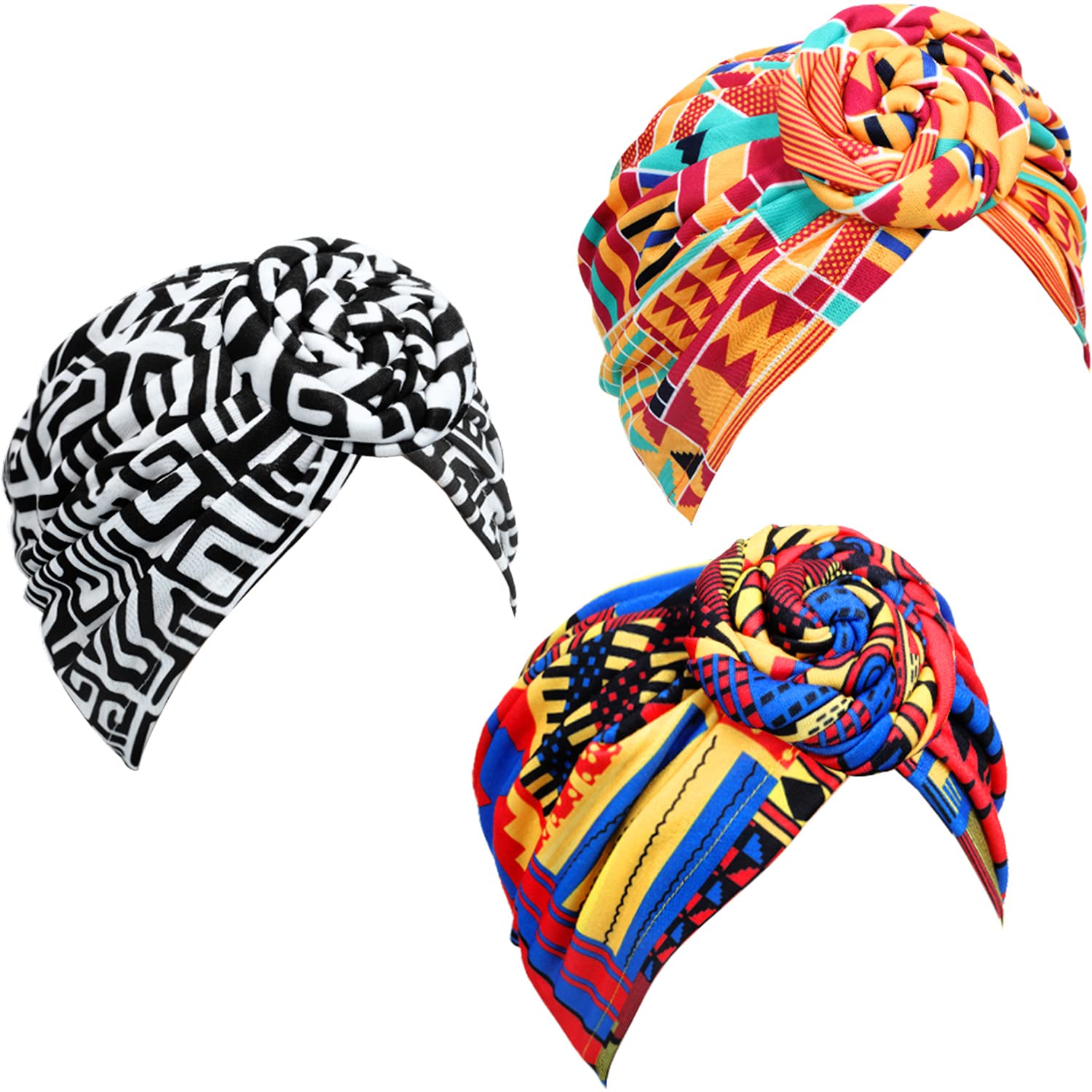 SATINIOR 3 Pieces African Turban for Women Knot Pre-Tied Bonnet Beanie Cap Headwrap (Black Orange Pink Geometry)