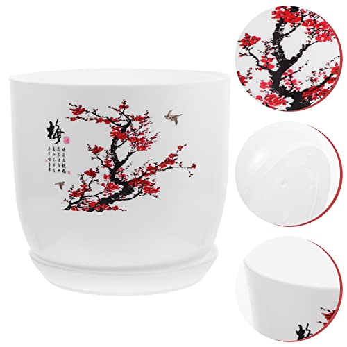 Yardwe Chinese Ceramic Planter Porcelain Flower Pot with Saucer Bonsai Pot Decorative Plant Pot Succulent Planter For Table Centerpiece Home Office Decor