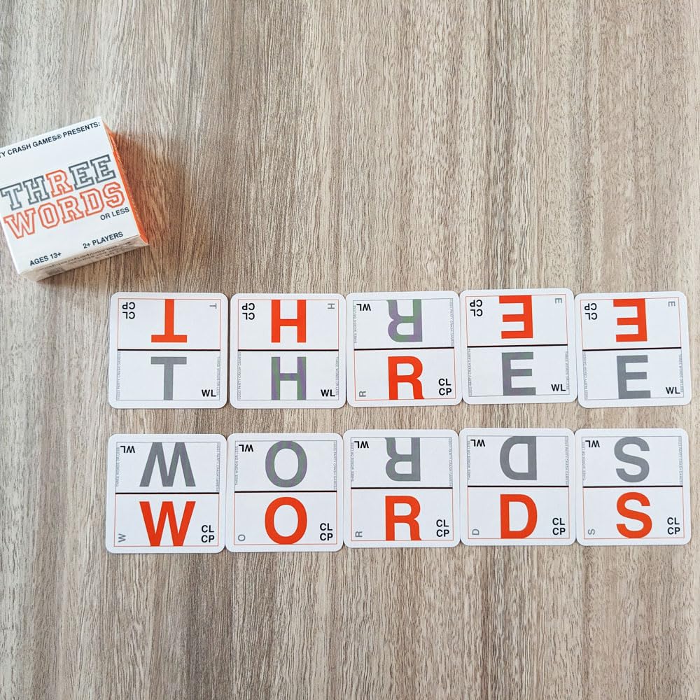 PARTY CRASH GAMES Presents: THREE WORDS OR LESS - A Simple, Yet Challenging Little Word Game; Designed for 2-6 Players 13+ Who are A Clever Wordsmith... 3 WORDS OR LESS