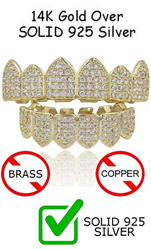 Solid 925 Sterling Silver Real Grillz - 14k Yellow Gold Plated - Iced CZ - Custom Top & Bottom Grills For Teeth - Real Solid Silver NOT BRASS