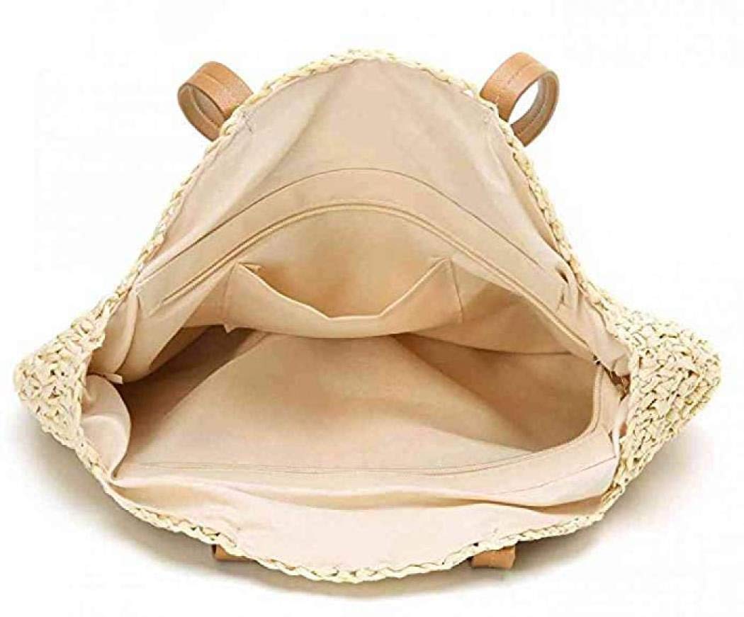 Straw Bag Women Handwoven Round Straw Handbag Natural Chic Large Summer Beach Tote Woven Handle Shoulder Bag (Khaki)