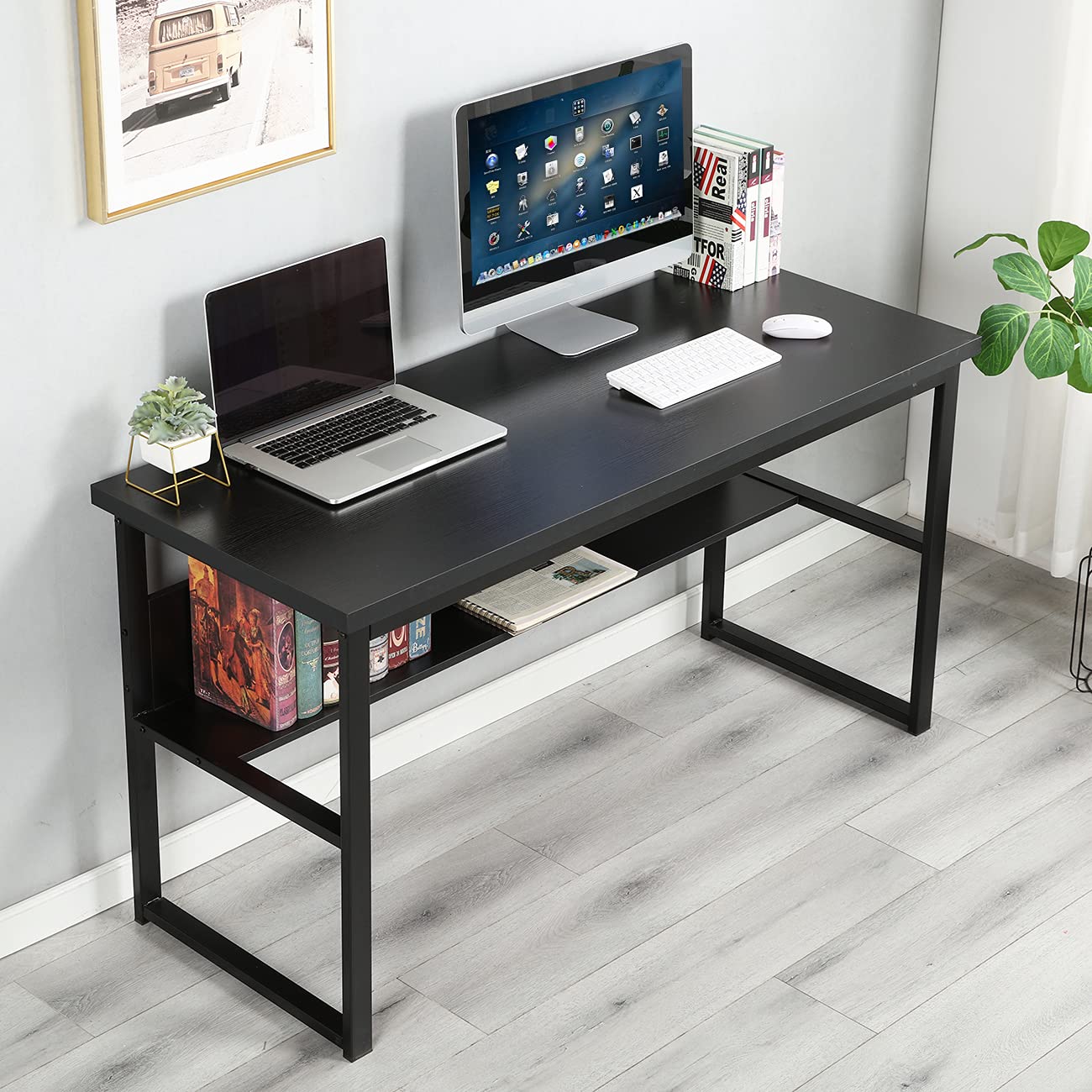 soges 54.7 inches Computer Desk Office Table Study Writing Desk with Bookshelf Storage Desk Home Office Desk Black LD-JB-01BW