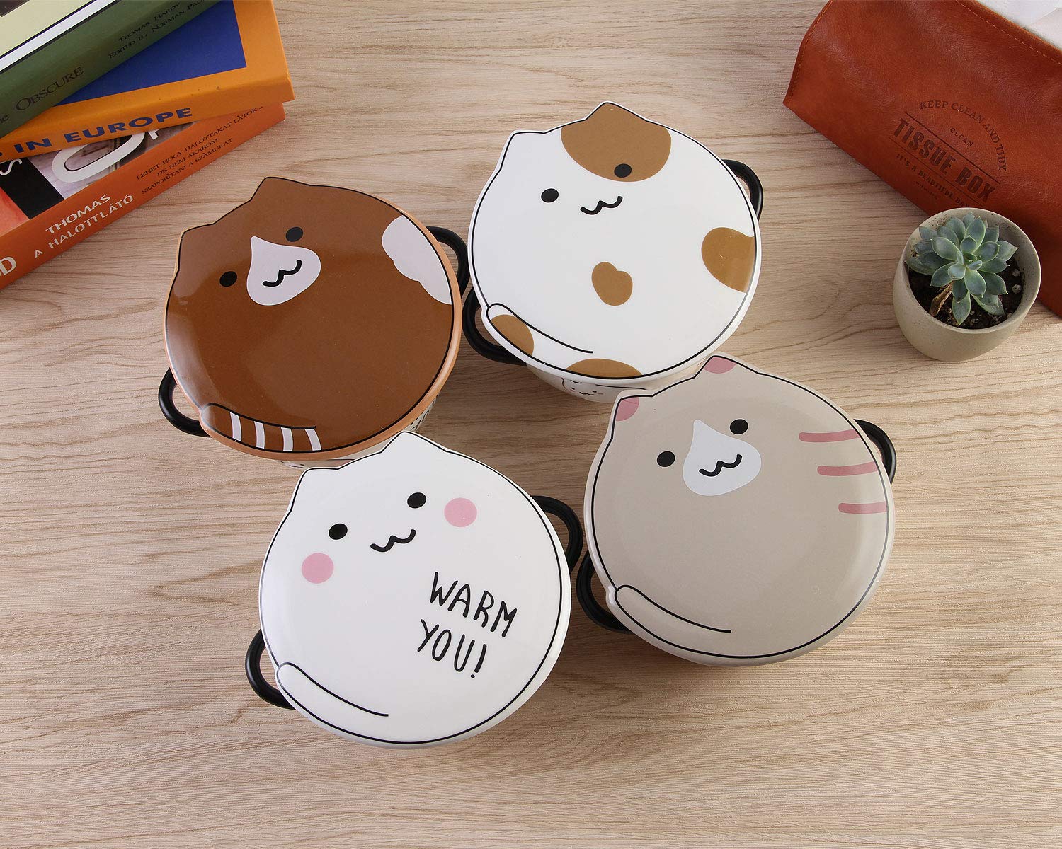 VanEnjoy Big Capacity 24oz 3D Cute Cartoon Microwave Ceramic Soup Cat Bowl Instant Noodle Bowl Cereal Bowl for Salad Fruit Vegetable with Ceramic Kitty Cat Lid and Handles (coffee)