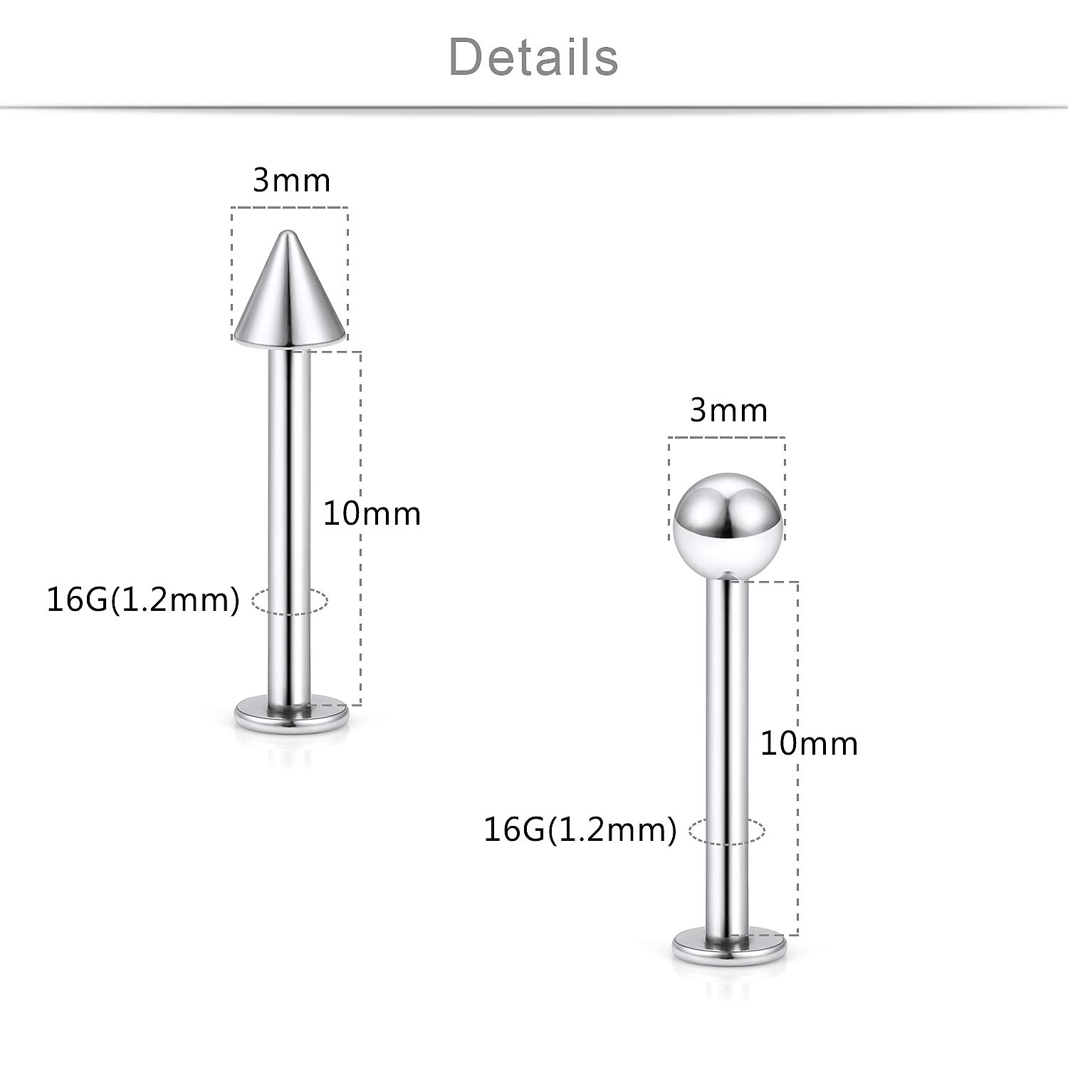 SCERRING 12PCS 16g Stainless Steel 3mm Balls & Spikes Labret Monroe Lip Tragus Cartilage Helix Earring Ring Body Piercing Jewelry 10mm - Silver